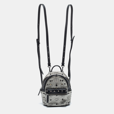 Pre-owned Mcm Silver/black Monogram Leather Crystal Studded Backpack ...