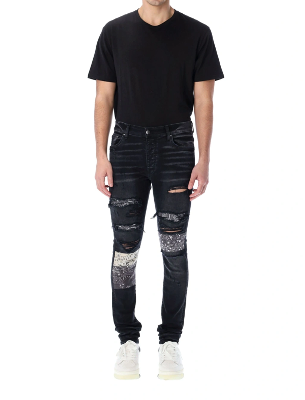 Amiri Bandana Art Patch Thrasher Ripped Skinny Jeans In Amiri Bandana Art Patch Thrasher Ripped Skinny Jeans In