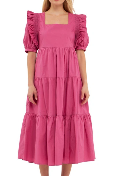 English Factory Ruffle Puff Sleeve Tiered Midi Dress In Berry | ModeSens