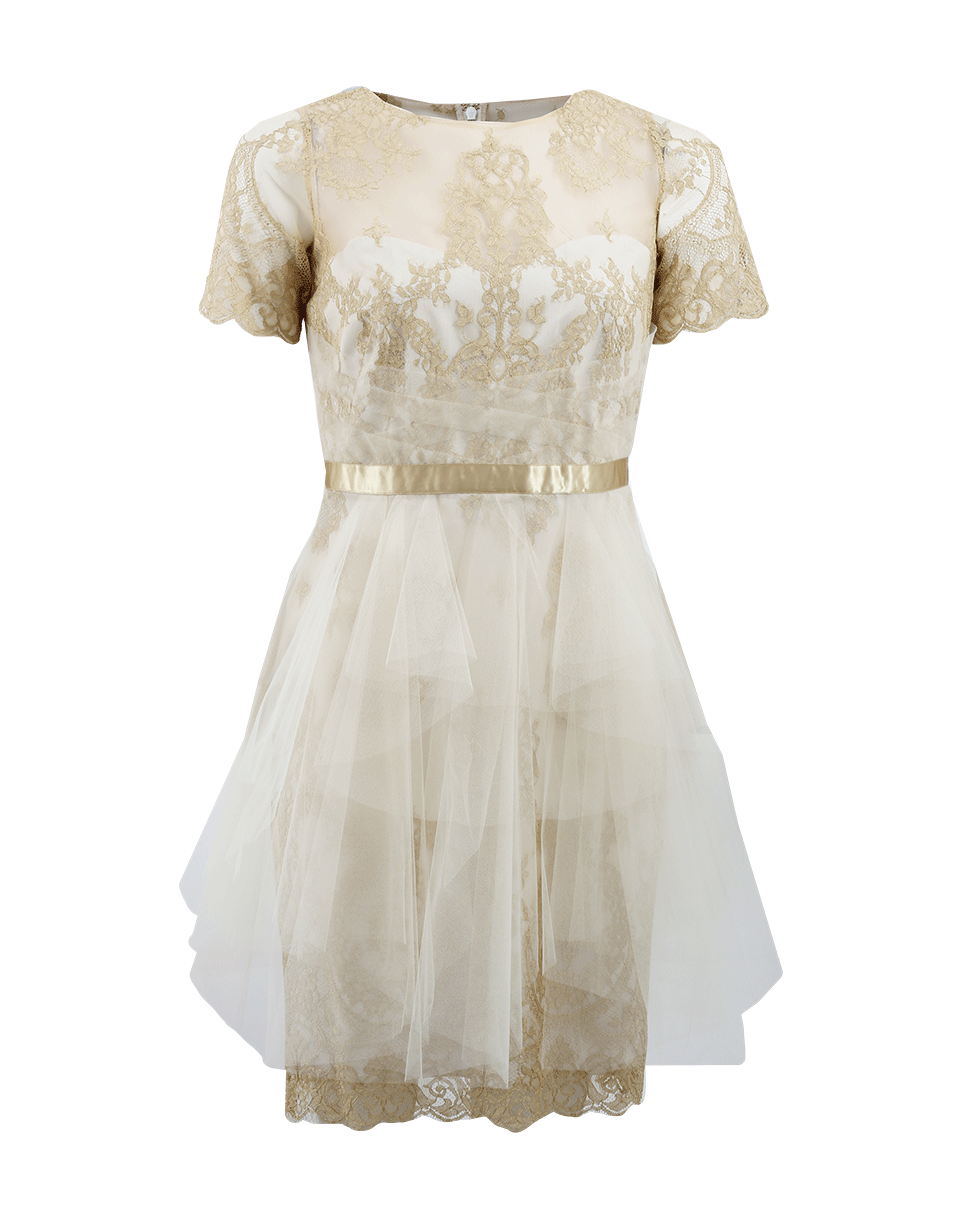 Marchesa Notte Metallic Lace Dress In Gold Modesens