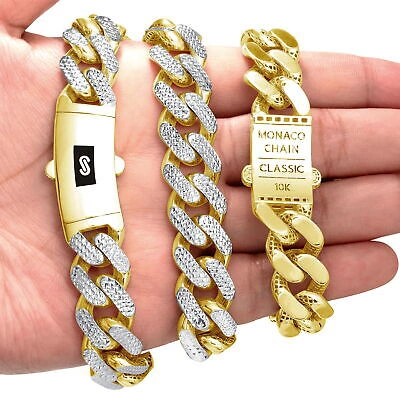 Pre owned Nuragold 10k Yellow Gold 15mm Monaco Miami Cuban Link Diamond Cut Pave Chain Bracelet 9 ModeSens