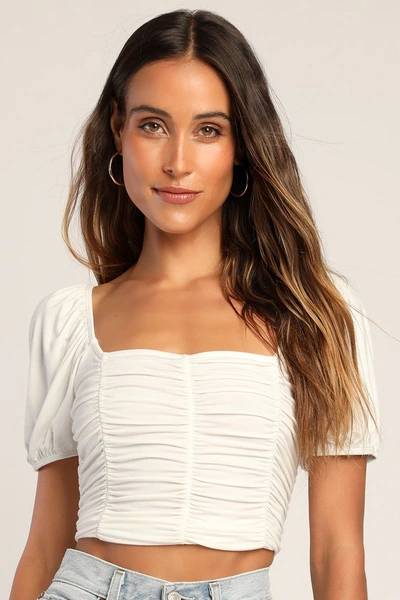 Lulus Ruche And Go Ivory Puff Sleeve Ruched Crop Top Modesens