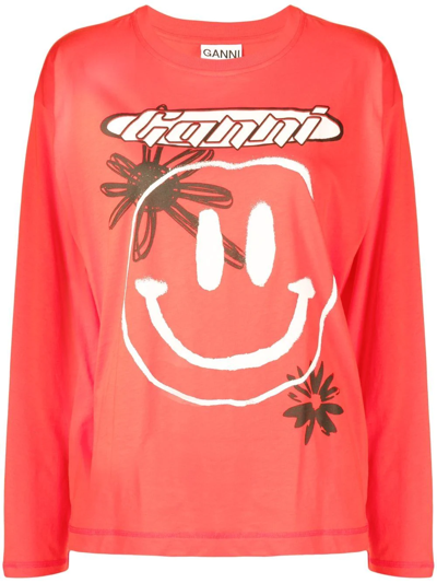 Ganni Smiley Face Graphic Cotton Long Sleeve T-shirt In Fiery Red ... Ganni Smiley Face Graphic Cotton Long Sleeve T-shirt In Fiery Red ...