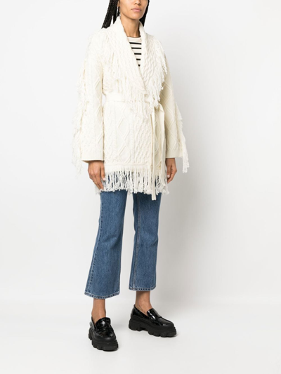 Twinset Fringe-detail Cable-knit Belted Cardigan In White | ModeSens
