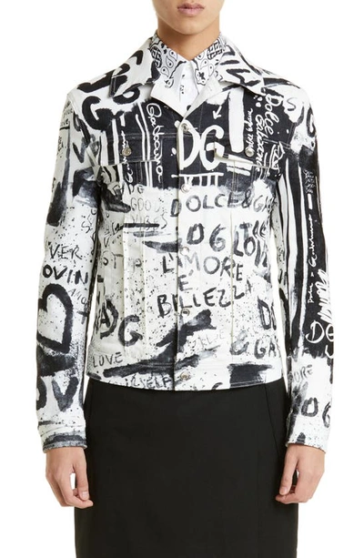 Dolce And Gabbana White Stretch Denim Jacket With Graffiti Print Details