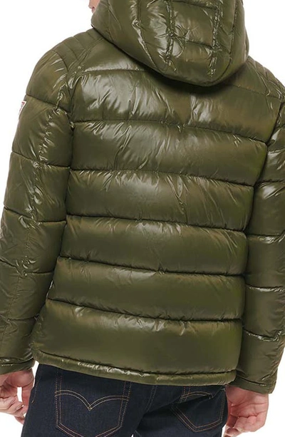 Guess Hooded Solid Puffer Jacket In Army Green | ModeSens