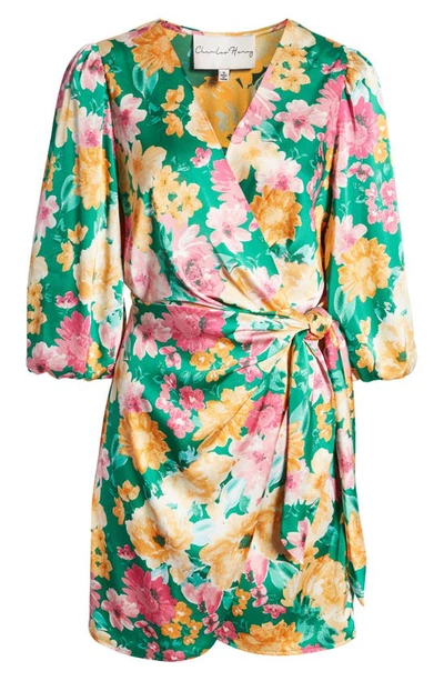 Charles Henry Floral Satin Wrap Minidress In Green Watercolor | ModeSens
