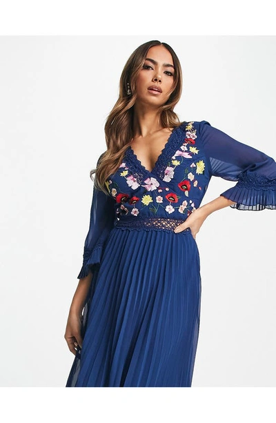 Asos Design Lace Insert Pleated Midi Dress With Embroidery In Navy