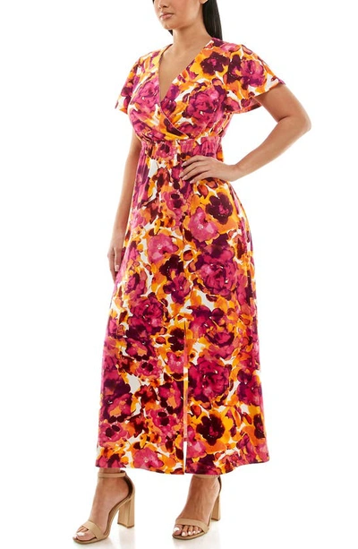Nina Leonard Floral Flutter Sleeve Maxi Dress In Dragon Multi | ModeSens