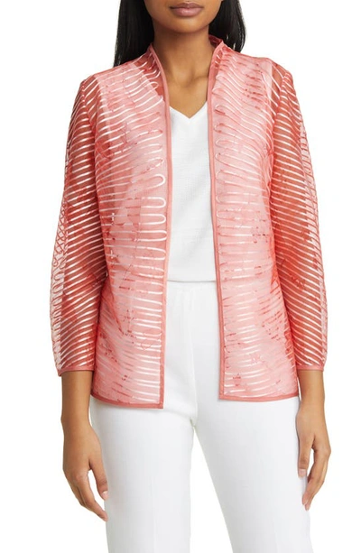 Ming Wang Sheer Stripe Open Front Jacket In Sunkissed Coral/ Pink Satin ...