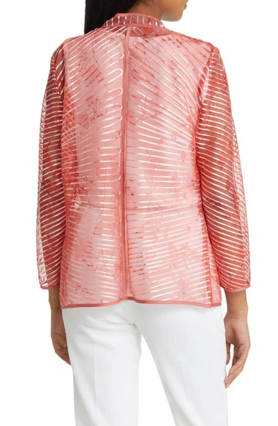 Ming Wang Sheer Stripe Open Front Jacket In Sunkissed Coral/ Pink Satin ...