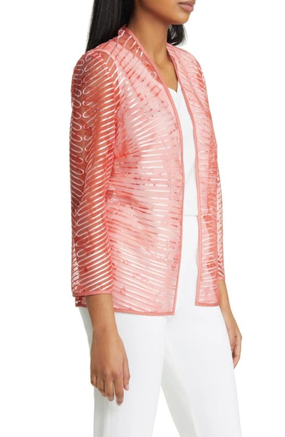 Ming Wang Sheer Stripe Open Front Jacket In Sunkissed Coral/ Pink Satin ...