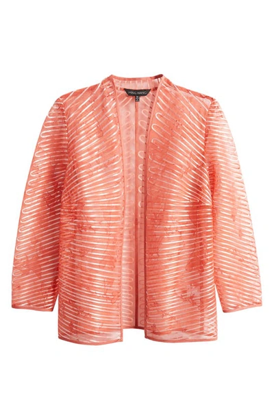 Ming Wang Sheer Stripe Open Front Jacket In Sunkissed Coral/ Pink Satin ...