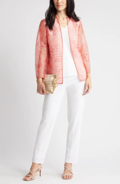 Ming Wang Sheer Stripe Open Front Jacket In Sunkissed Coral/ Pink Satin ...