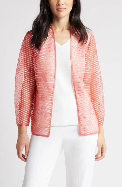 Ming Wang Sheer Stripe Open Front Jacket In Sunkissed Coral/ Pink Satin ...