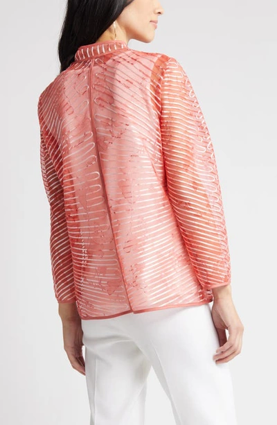 Ming Wang Sheer Stripe Open Front Jacket In Sunkissed Coral/ Pink Satin ...