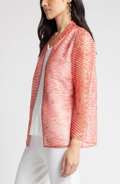 Ming Wang Sheer Stripe Open Front Jacket In Sunkissed Coral/ Pink Satin ...
