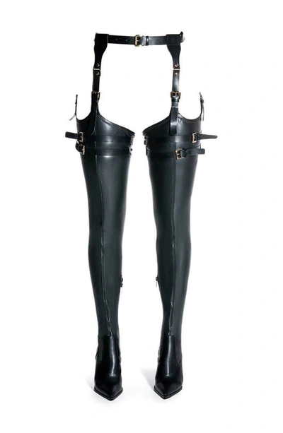 Azalea Wang Alessia Pointed Toe Over The Knee Garter Belt Boot In Black ...