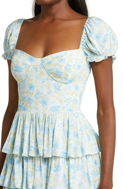 Wayf Floral Corset Tiered Dress In Blue Mini Roses | ModeSens