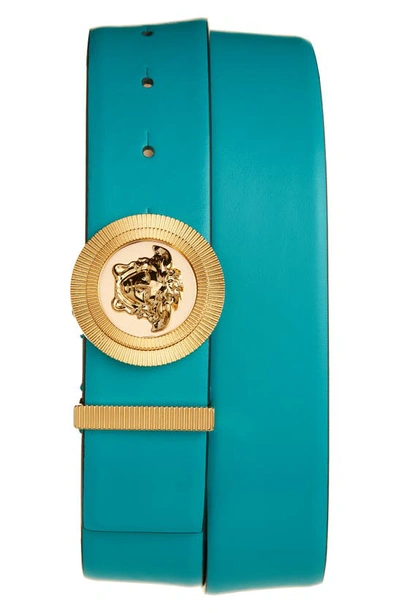 Versace Biggie Medusa Belt In Teal/ Gold | ModeSens