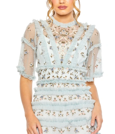 Mac Duggal High Neck Ruffle Tiered Floral Gown In Blue | ModeSens