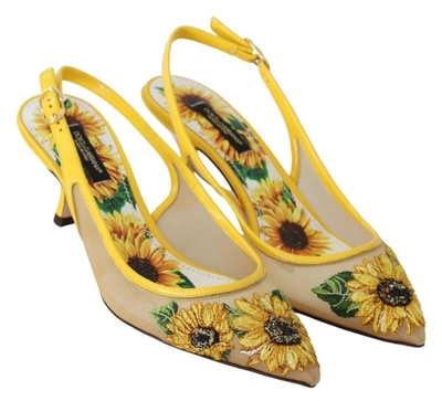 Dolce & Gabbana Yellow Sunflower Mesh Heels Slingback Shoes | ModeSens