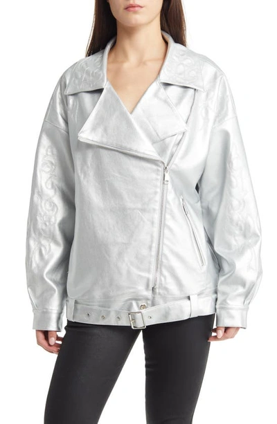 Azalea Wang Metallic Faux Leather Moto Jacket In Silver | ModeSens