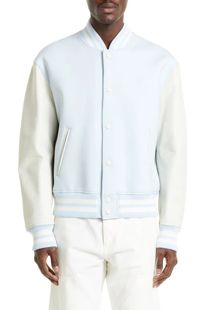 Burberry Globe-embroidery Jersey And Leather Varsity Jacket In Glacier ...