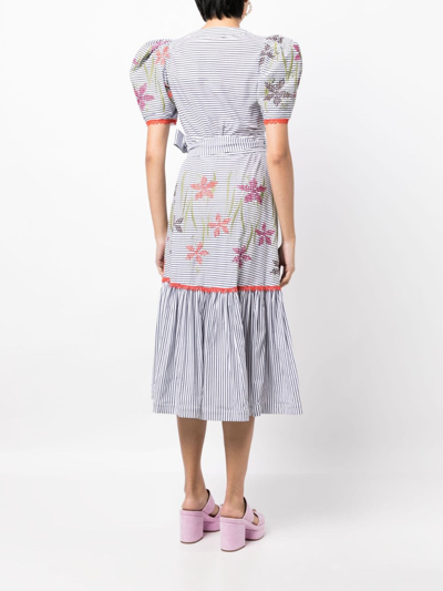 Silvia Tcherassi Nicola Floral Embroidered Striped Midi Wrap Dress In