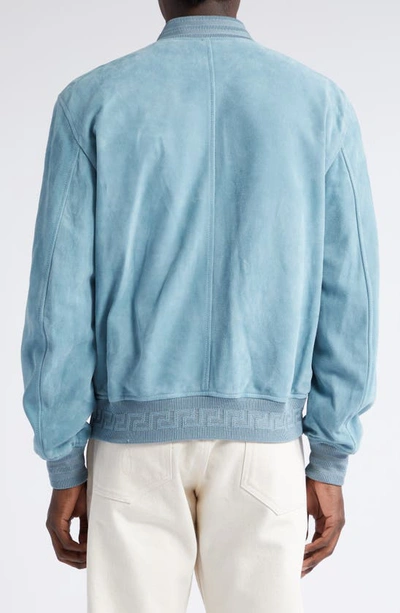 Versace Men's Embroidered Suede Bomber Jacket In Summer Sky Blue | ModeSens