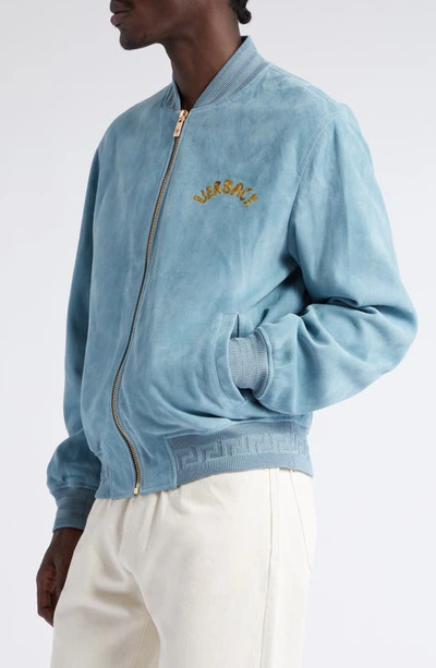 Versace Men's Embroidered Suede Bomber Jacket In Summer Sky Blue | ModeSens