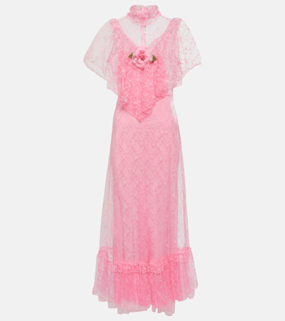 Rodarte Rose-embellished Tulle-overlay Midi Dress In Pink | ModeSens