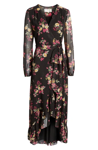 Wayf The Meryl Floral Long Sleeve Wrap Dress In Black Floral | ModeSens