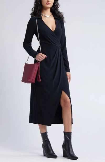 Open Edit Long Sleeve Faux Wrap Jersey Dress In Black | ModeSens