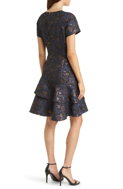 Shani Tiered Flounce Brocade Fit And Flare Dress In Blue Modesens