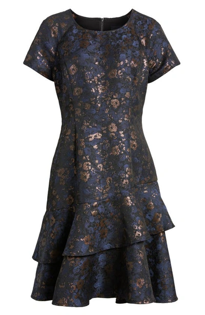 Shani Tiered Flounce Brocade Fit And Flare Dress In Blue Modesens