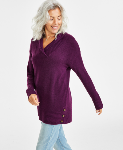 Style & Co Petite Ribbed Button-detail Tunic Sweater Created For Macy's In Ray Violet | ModeSens