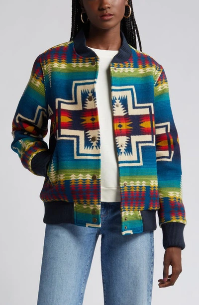 Pendleton Jacquard Virgin Wool Blend Bomber Jacket In Royal Blue ...