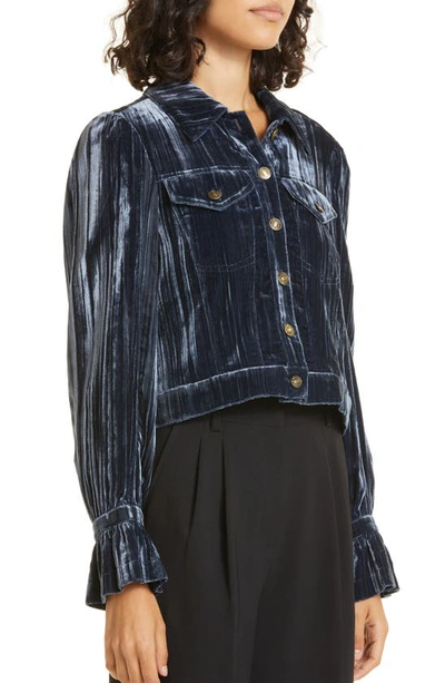Cinq À Sept Dillon Crushed Velvet Stripe Crop Jacket In Peacock Blue ...