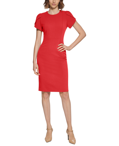 Calvin Klein Tulip-sleeve Scuba-crepe Sheath Dress In Red | ModeSens