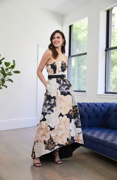 Kay Unger Bella Metallic Floral Print Strapless Dress In Champagne ...