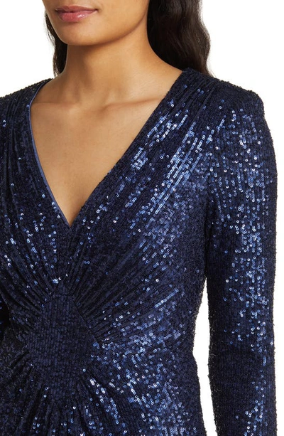 Eliza J Long Sleeve Sequin V Neck Dress In Blue | ModeSens
