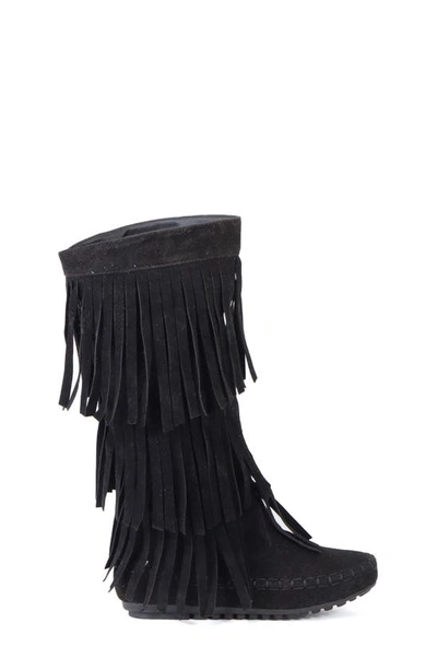 Yoki Kids' Tiered Fringe Boot In Black | ModeSens