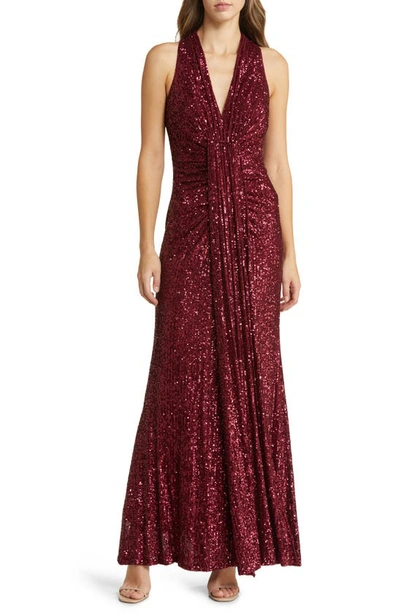 Eliza J Sequin Halter Gown In Ruby Red | ModeSens