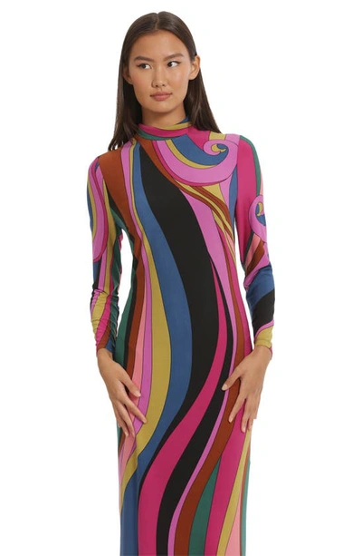 Donna Morgan For Maggy Mock Neck Long Sleeve Maxi Dress In Golden Palm