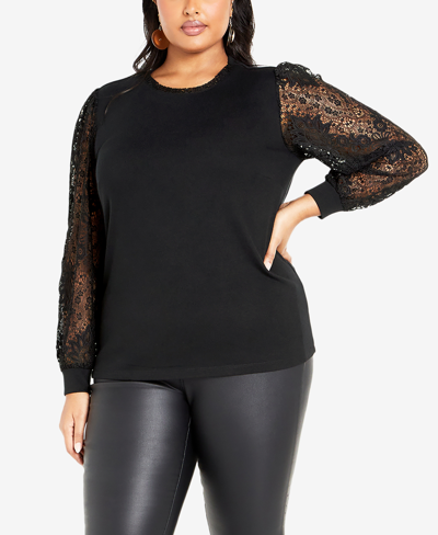 Avenue Plus Size Parker Lace Long Sleeve Top In Black | ModeSens
