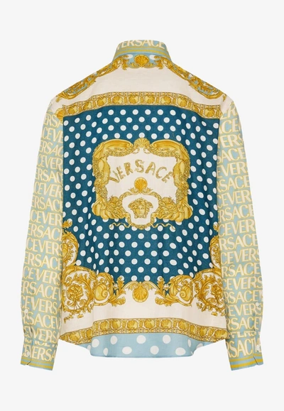 Versace All-over Logo Long-sleeved Linen Shirt In Multicolor | ModeSens