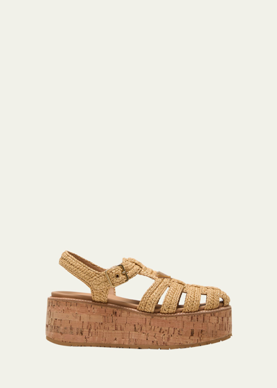 Prada Raffia Cork Platform Fisherman Sandals In Naturale | ModeSens