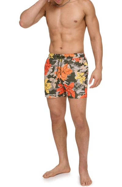 Calvin Klein Modern Euro Logo Piping Swim Trunks In Olive Camo | ModeSens