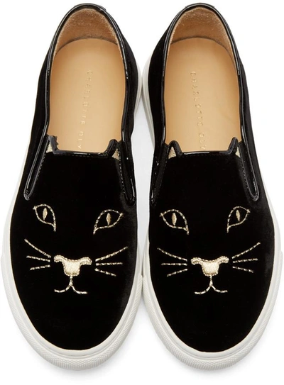 Charlotte Olympia Black Velvet Kitty Slip-on Sneakers | ModeSens